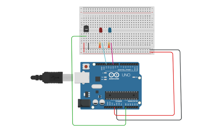 Circuit design Temperature sensor with 2 LED | Tinkercad