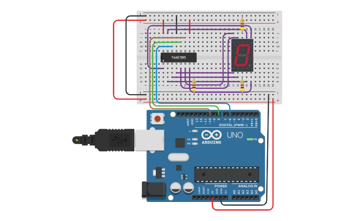 Circuit design SHIFT REGISTER WITH SEVEN-SEGMENT DISPLAY - Tinkercad