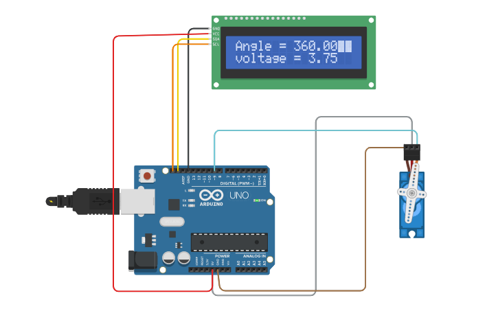 Circuit design servo moter with LCD - Tinkercad