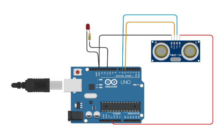 Circuit design sensor de distancia - Tinkercad