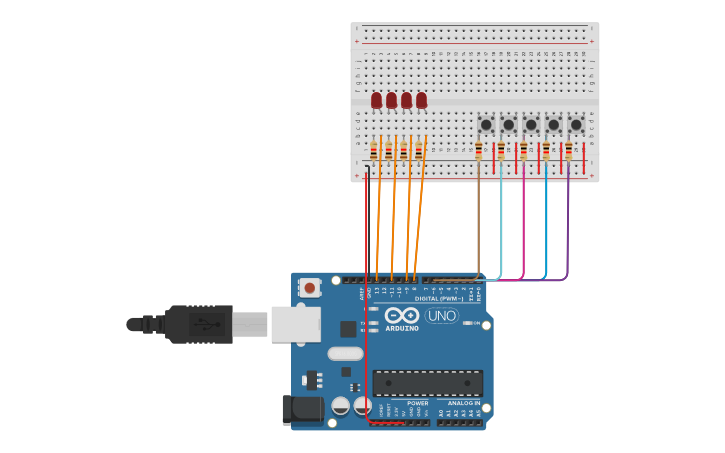 Circuit design 4 diody 5 tlačítek - Tinkercad