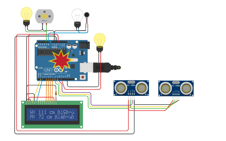 Circuit design Ultrasonic distance sensor, Motor and Light - Tinkercad