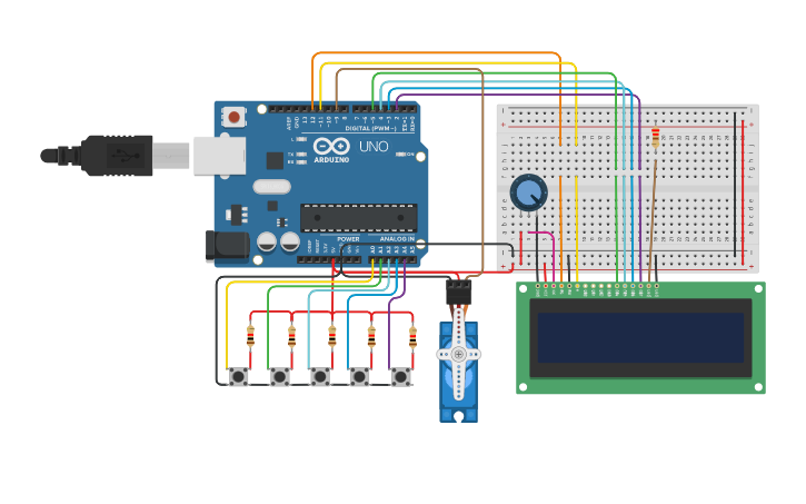 Circuit design Ch 9 Lab - #1 - Servo Motor with pushbutton - Tinkercad
