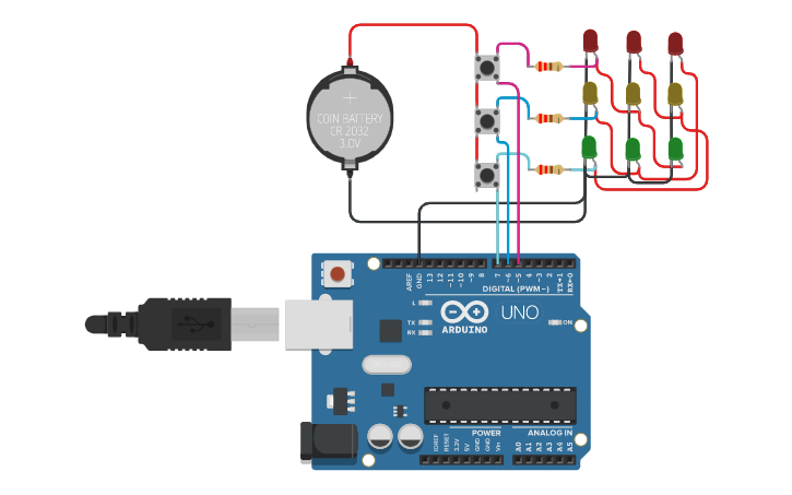 Circuit design 3-way Traffic Light System - Tinkercad