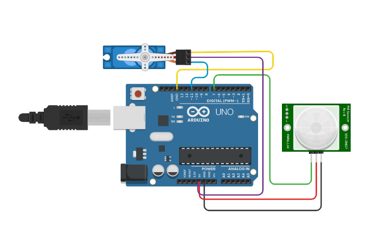 Circuit Design Pir Sensor And Servo Motor Tinkercad