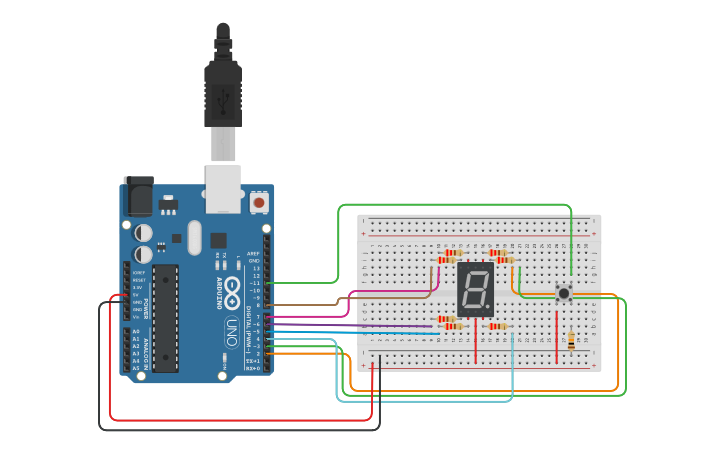 Circuit design Anode_(CA)_7_Segment_with_A_Pushbutton - Tinkercad