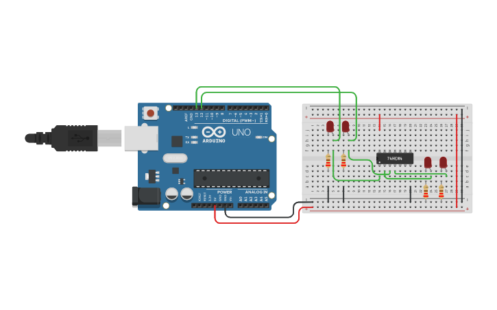 Circuit design 74HC04 Compuerta Not | Tinkercad