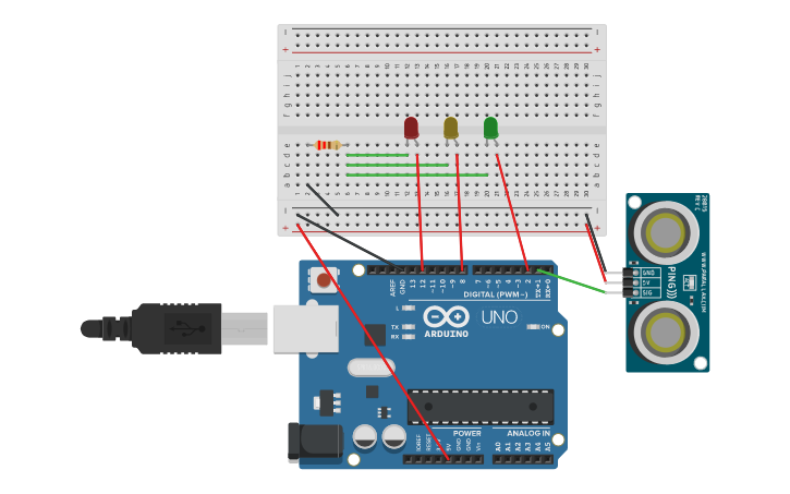 Circuit design Distance control using ultrasonic sensor by SBD - Tinkercad Circuit design Distance control using ultrasonic sensor by SBD - Tinkercad