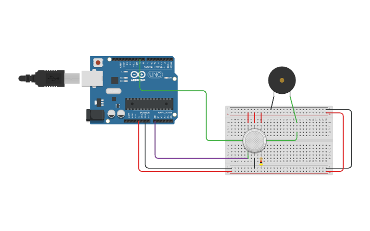 Circuit design gas sensor with piezo buzzer - Tinkercad