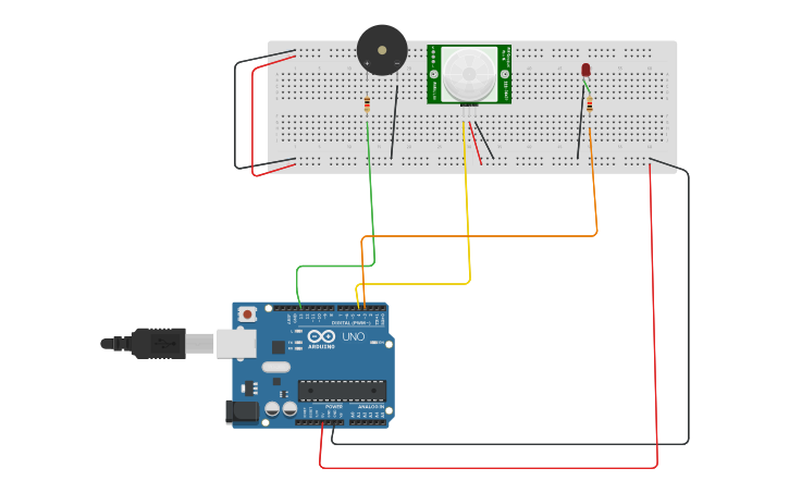 Circuit design pir sensor with buzzer and led check - Tinkercad