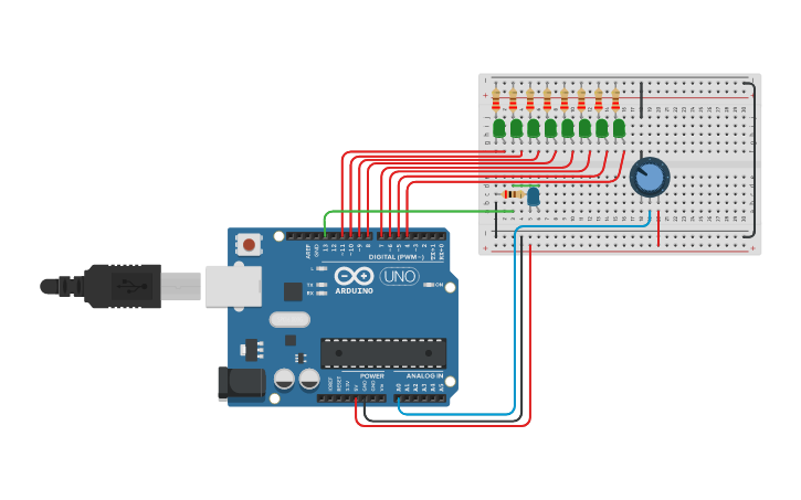 Circuit design Analog_Bar_Graph_T1_ADC_Interrupts | Tinkercad