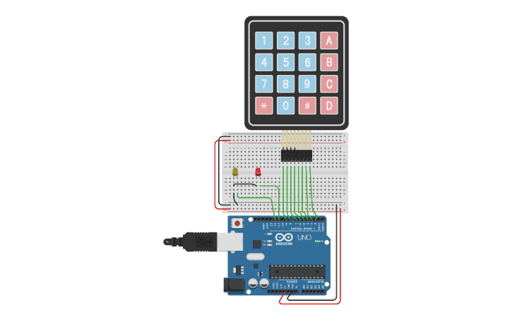 Circuit design 4x4 keypad to led morse code - Tinkercad Circuit design 4x4 keypad to led morse code - Tinkercad