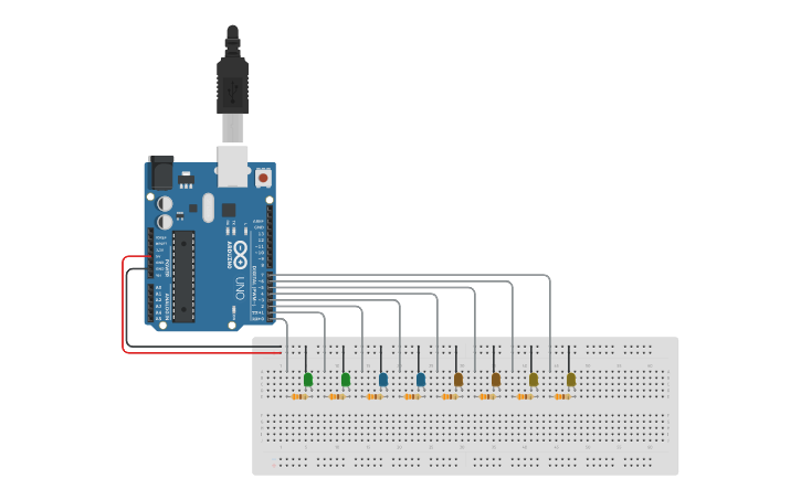 Circuit design SECUENCIA DE 8 LEDS - Tinkercad Circuit design SECUENCIA DE 8 LEDS - Tinkercad