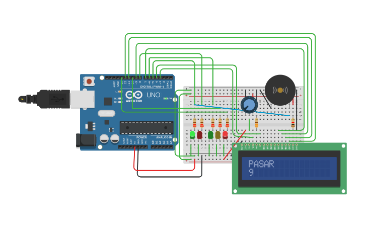 Circuit design Copy of Semaforo+LCD+BUZZER - Tinkercad Circuit design Copy of Semaforo+LCD+BUZZER - Tinkercad