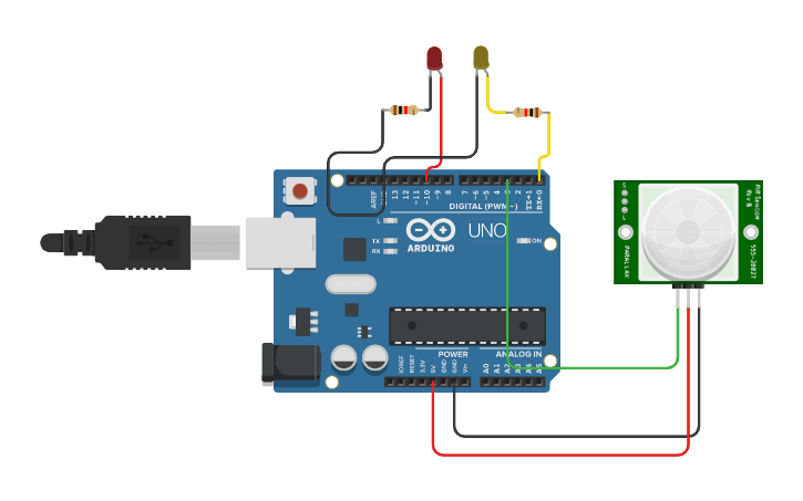 Circuit design Sensor de movimiento con leds - Tinkercad
