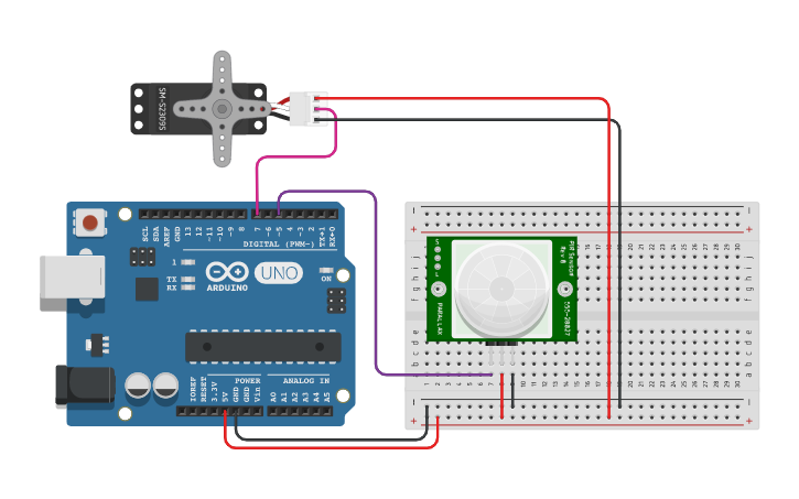 Circuit design Sensor PIR con Servomotor - Tinkercad
