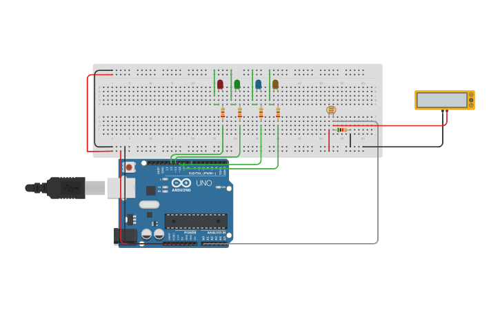 Circuit design CONTROL DE LEDS CON LDR - Tinkercad Circuit design CONTROL DE LEDS CON LDR - Tinkercad