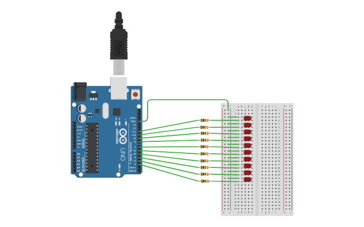 Circuit design 10 LED Blinking Array - Tinkercad Circuit design 10 LED Blinking Array - Tinkercad