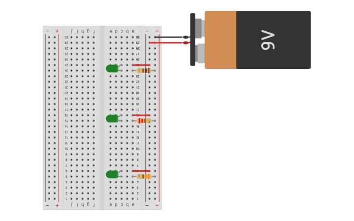 Circuit design tres leds | Tinkercad