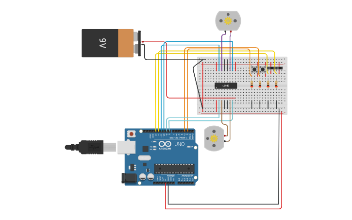 Circuit design CONTROL DE ENCENDIDO Y GIRO PARA 2 MOTORES DC - Tinkercad
