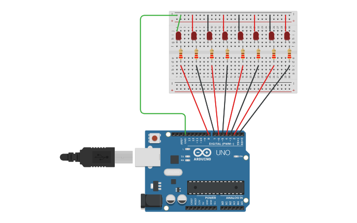 Circuit design practica 6 luces coche fantastico - Tinkercad