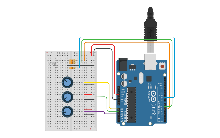 Circuit design Mezcla de colores con RGB | Tinkercad