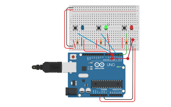 Circuit design Three leds with three push buttons - Tinkercad