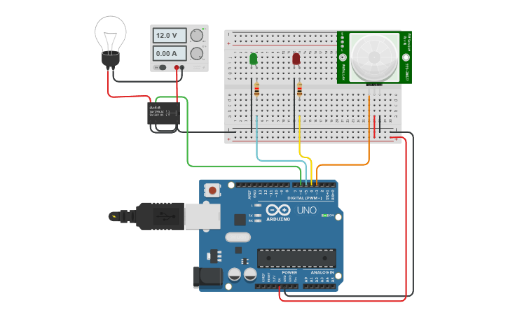 Circuit design LAMPU OTOMATIS SENSOR PIR - Tinkercad Circuit design LAMPU OTOMATIS SENSOR PIR - Tinkercad