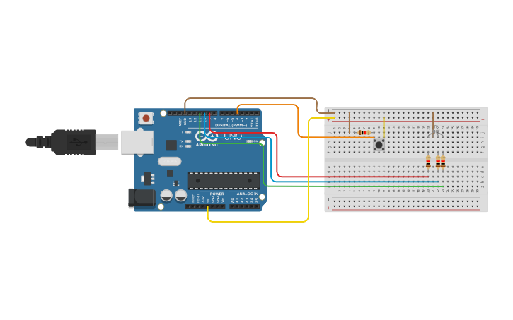 Circuit design Deney 4 düğme ile led yakma | Tinkercad