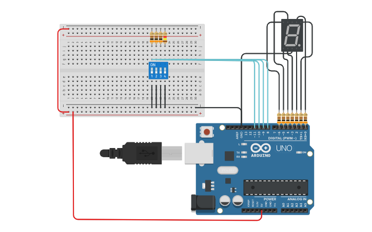 Circuit design CONTADOR BCD A 7 SEGMENTOS CON SUICH - Tinkercad