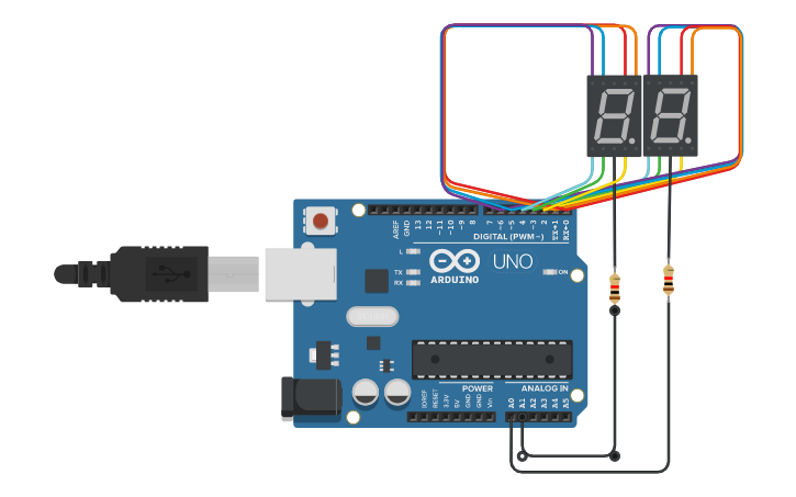 Circuit design 99 Counter 7 Segment Display(Share Pin) | Tinkercad