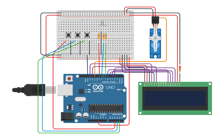 Circuit design Arduino, Servo y Botones - Tinkercad