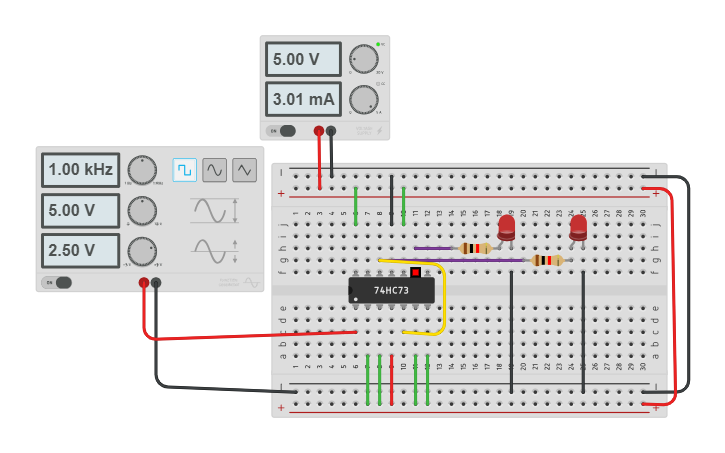 Circuit design 2-bit ripple up counter - Tinkercad