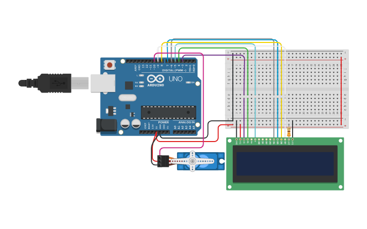 Circuit design Servo, LCD - Tinkercad