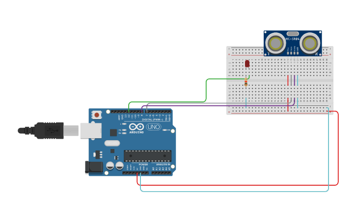 Circuit design sensor ultrassônico e LED - Tinkercad