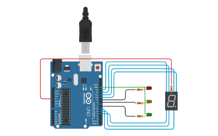 Circuit design Traffic Light with Seven Segment - Tinkercad