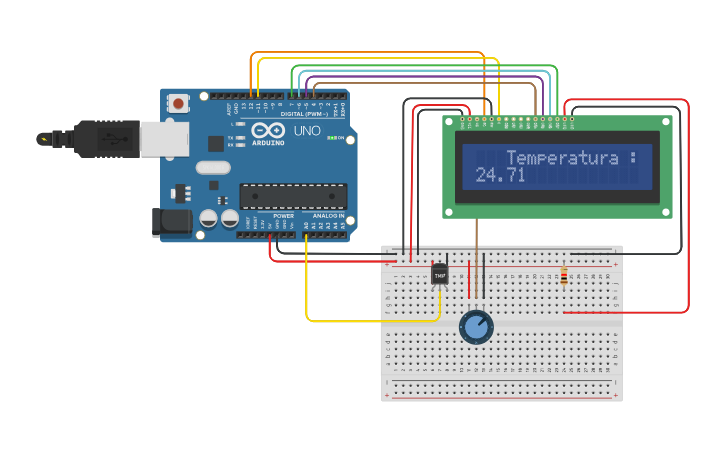 Circuit design Display 16x2 com sensor LM35 - Tinkercad