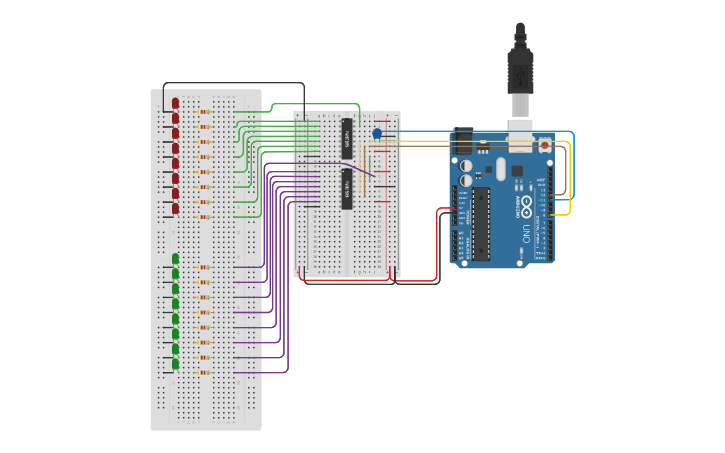 Circuit design Two Shift register 74HC595 control with ARDUINO microcontroller - Tinkercad