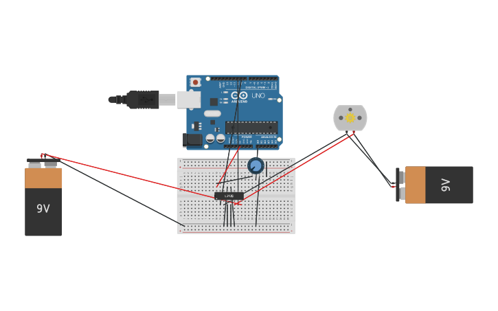 Circuit design Ejercicio 23 - Control de motor CC con Potenciometro - Tinkercad
