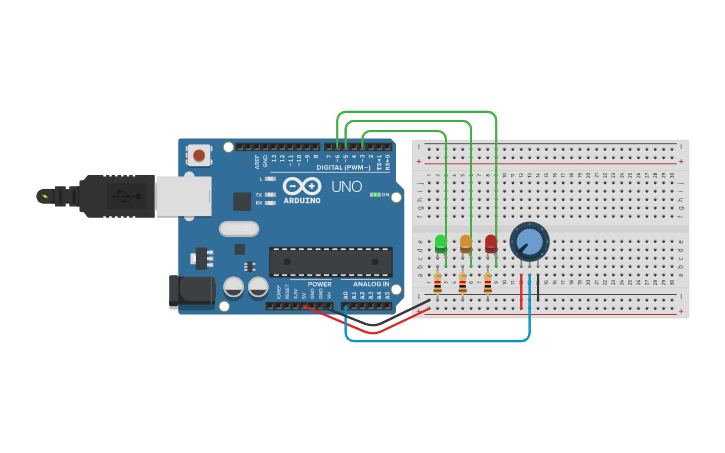 Circuit Design Potentiometer Controls 3 Leds Tinkercad