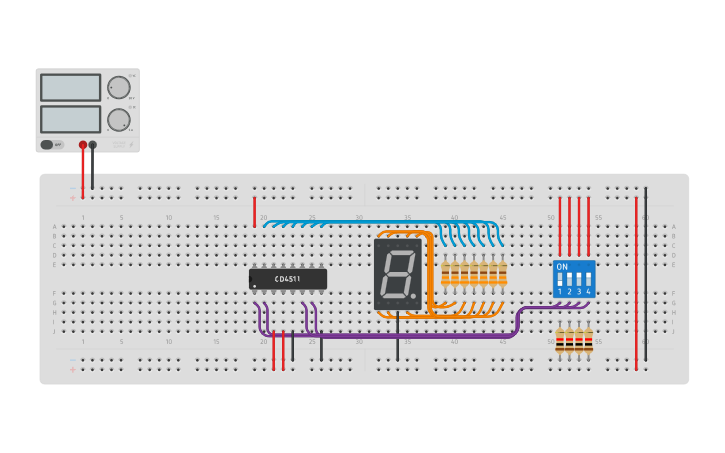 Circuit design Decodificador BCD-7 segmentos - Tinkercad