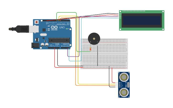Circuit design Ultrasonic with LCD and buzzer - Tinkercad
