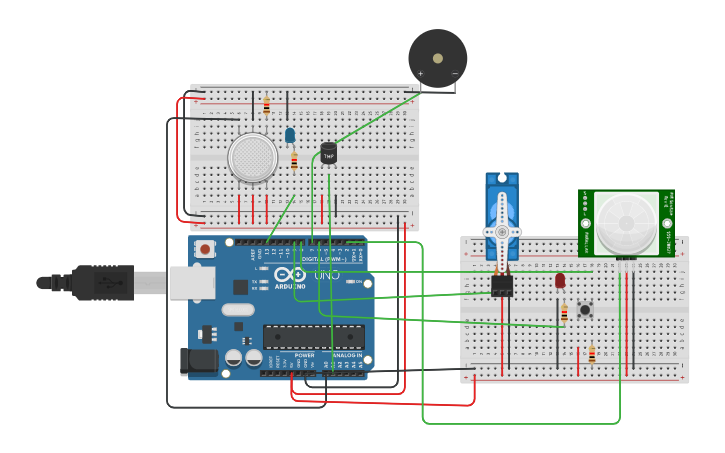 Circuit design Fire Alarm and Human Move Detection Project | Tinkercad