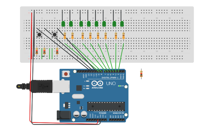 Circuit design Copy of Copy of arduino 8 leds - Tinkercad