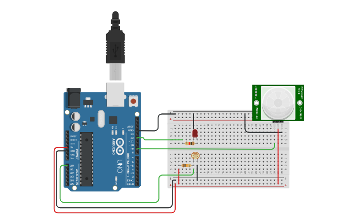 Circuit design PIR + LDR Sensing - Tinkercad