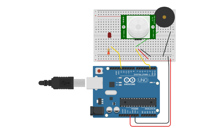 Circuit design 7. Motion Sensor +Buzzer - Tinkercad