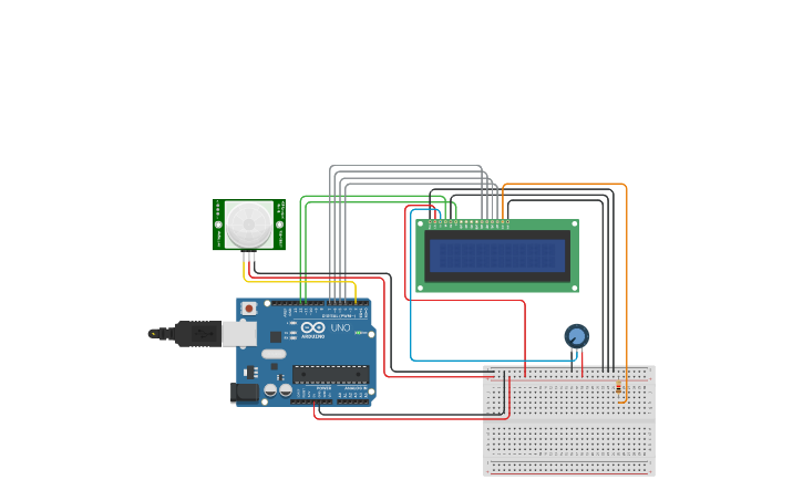 Circuit design PIR Sensor With LCD - Tinkercad