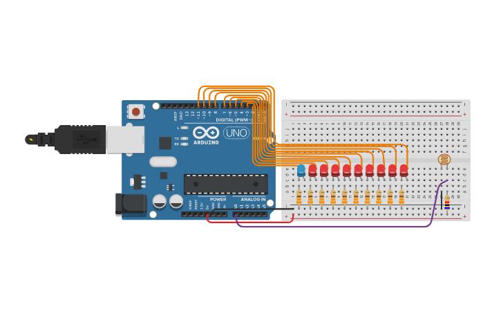Circuit design Encendido y apagado de 10 led con LDR - for - Tinkercad