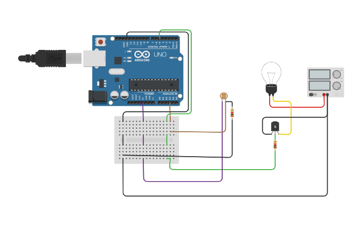 Circuit design Application of LDR in street lights | Tinkercad