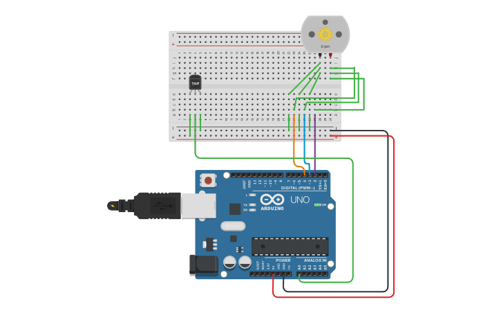 Circuit design TMP 36 with DC motor - Tinkercad